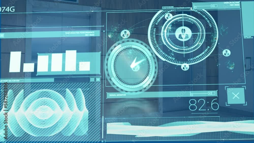 Animation of digital clock over graph, soundwave, profile icons ...