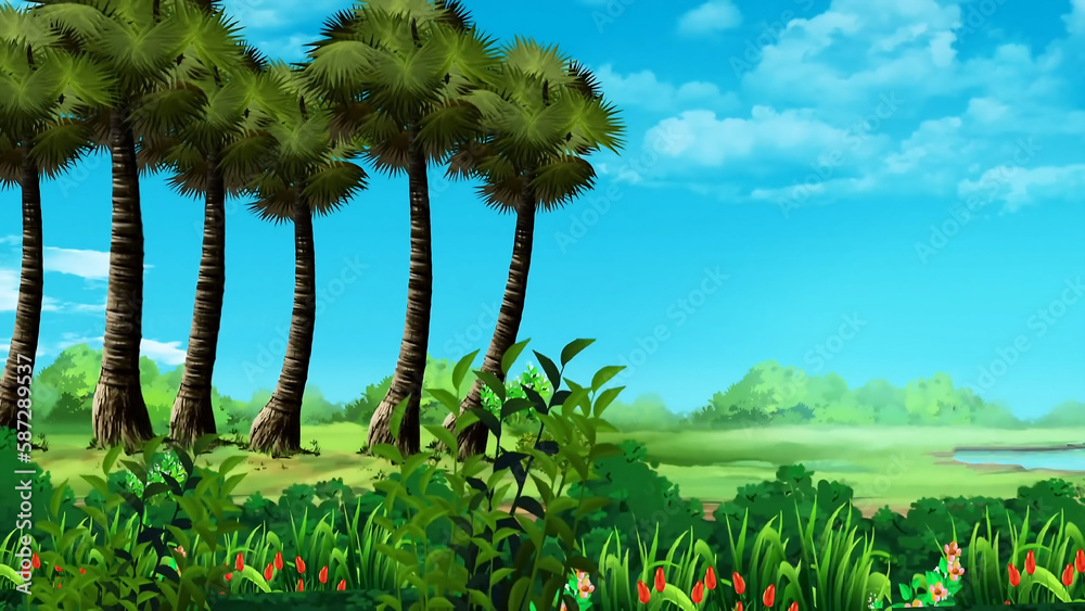 Beautiful palms on the beach with a green grass during sunset in ...