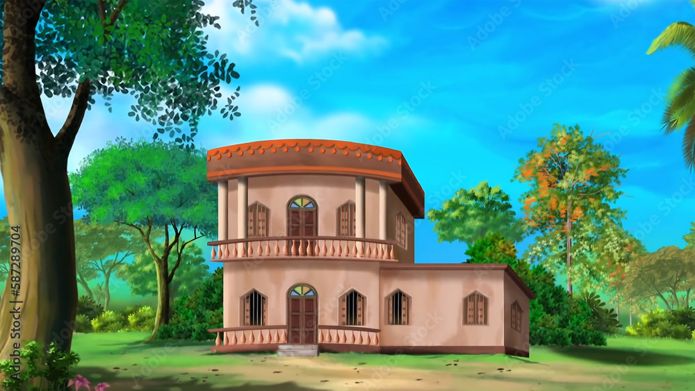 Natural village scene with sky, green trees, green fields, paddy fields ...