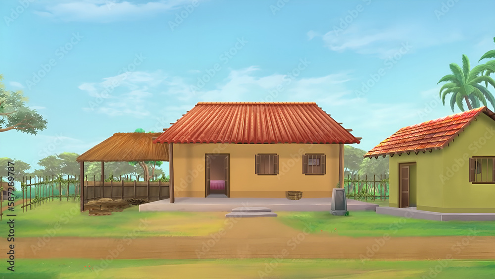Natural village scene with sky, green trees, green fields, paddy fields ...