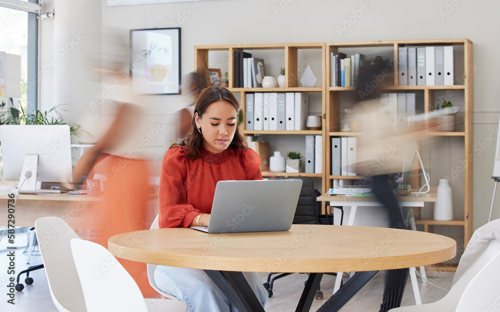 Blur, business and woman with laptop, focus and deadline for new ...