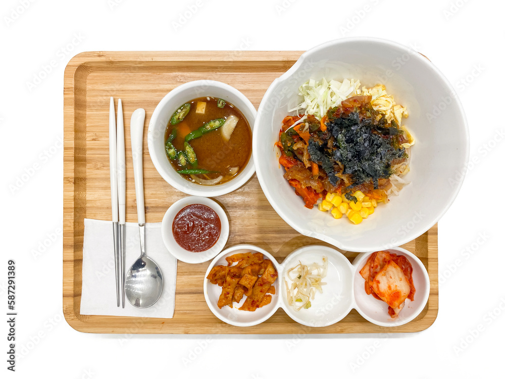 Korean food on a tray on a white background ramen kimchi top view Stock ...