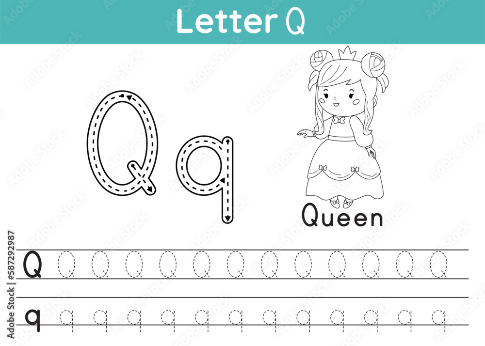 Alphabet ABC, a-z exercise. Coloring page. Trace letter Q. Vocabulary ...