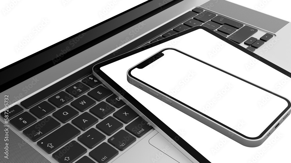 smartphone and zablet on top of laptop - mockup isolated with ...