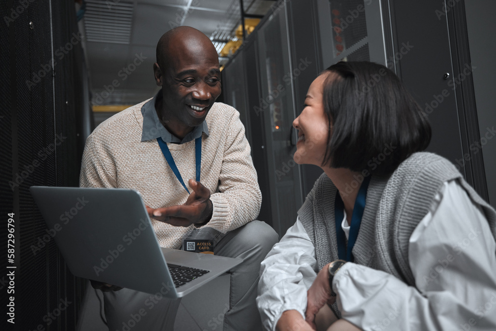 Laptop, server room or technician people for teamwork, problem solving ...