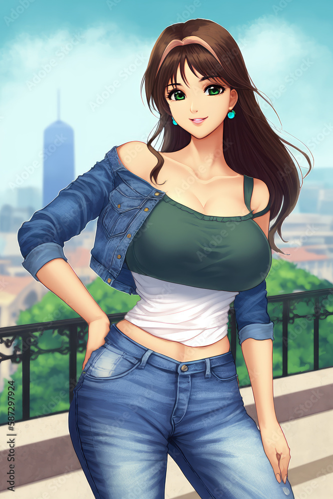 Manga anime beautiful girl long hair big chest busty girl Stock ...