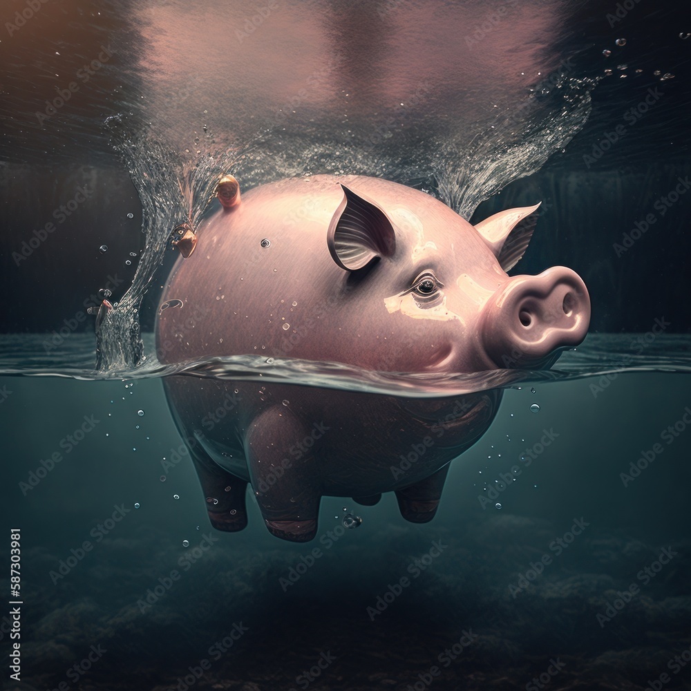 Drowning in debt and staying afloat financially, represented by a piggy ...
