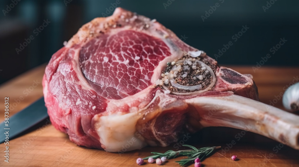 Tomahawk steak, a ribeye steak with a long bone attached, resembling a ...
