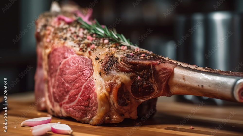 Tomahawk steak, a ribeye steak with a long bone attached, resembling a ...