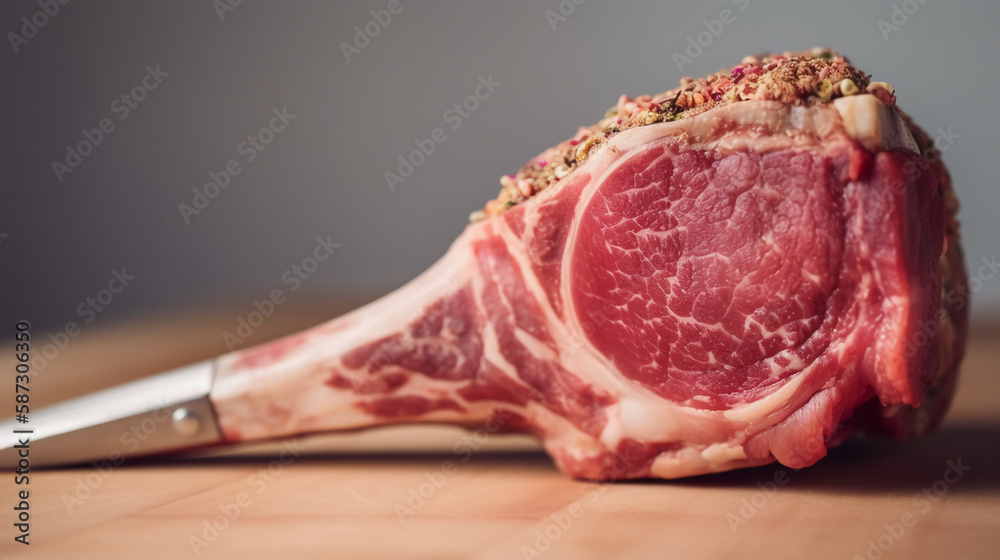 Tomahawk steak, a ribeye steak with a long bone attached, resembling a ...