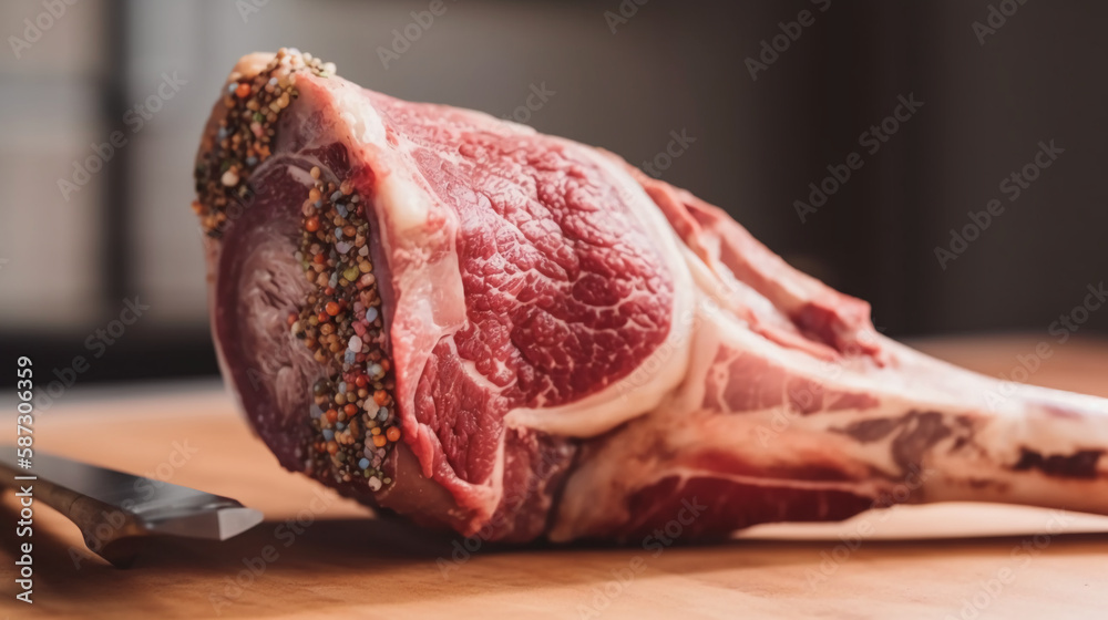 Tomahawk steak, a ribeye steak with a long bone attached, resembling a ...
