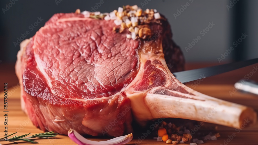 Tomahawk steak, a ribeye steak with a long bone attached, resembling a ...
