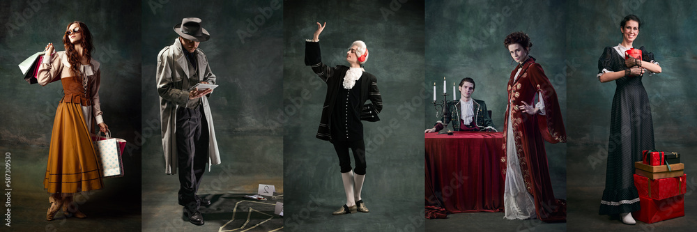 Set of people of different eras posing against dark green background ...