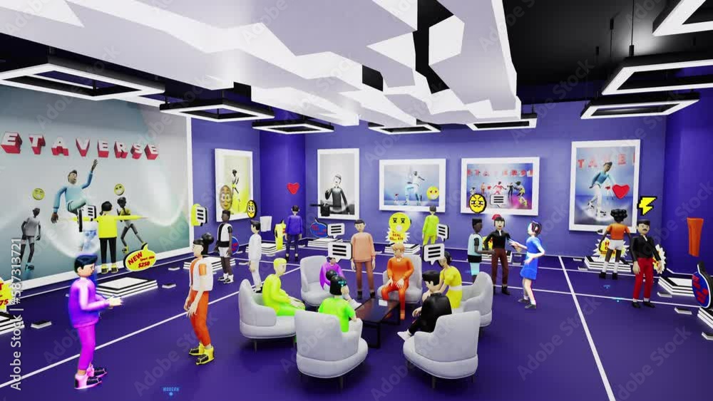 3D animation of futuristic virtual clothing store. Avatars with icons ...