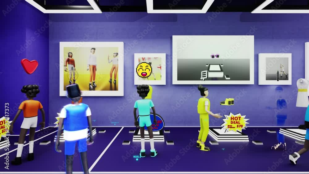 3D render of futuristic virtual clothing store. People as avatars ...