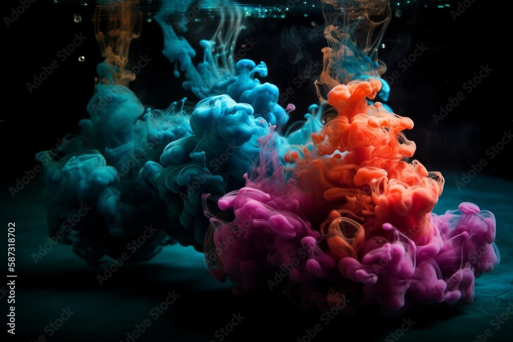 colourful smoke/under water paint/underwater ink in black and white ...