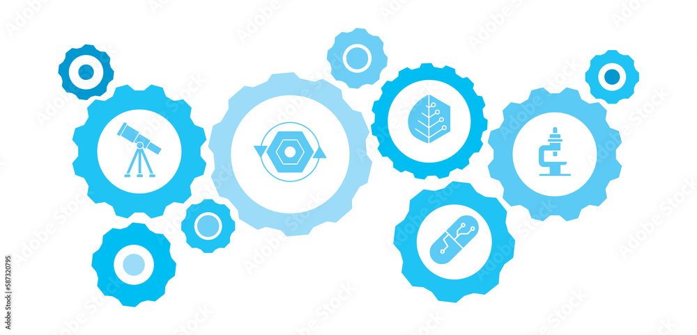 Microscope gear blue icon set. Connected gears and vector icons for ...