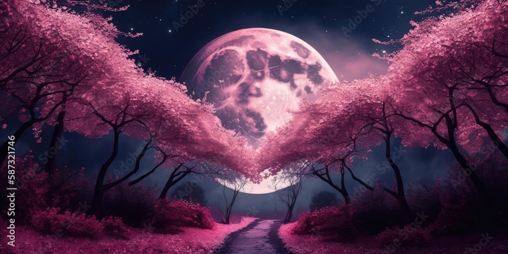 Fantasy pink forest with tall trees in full moon night. superlative ...