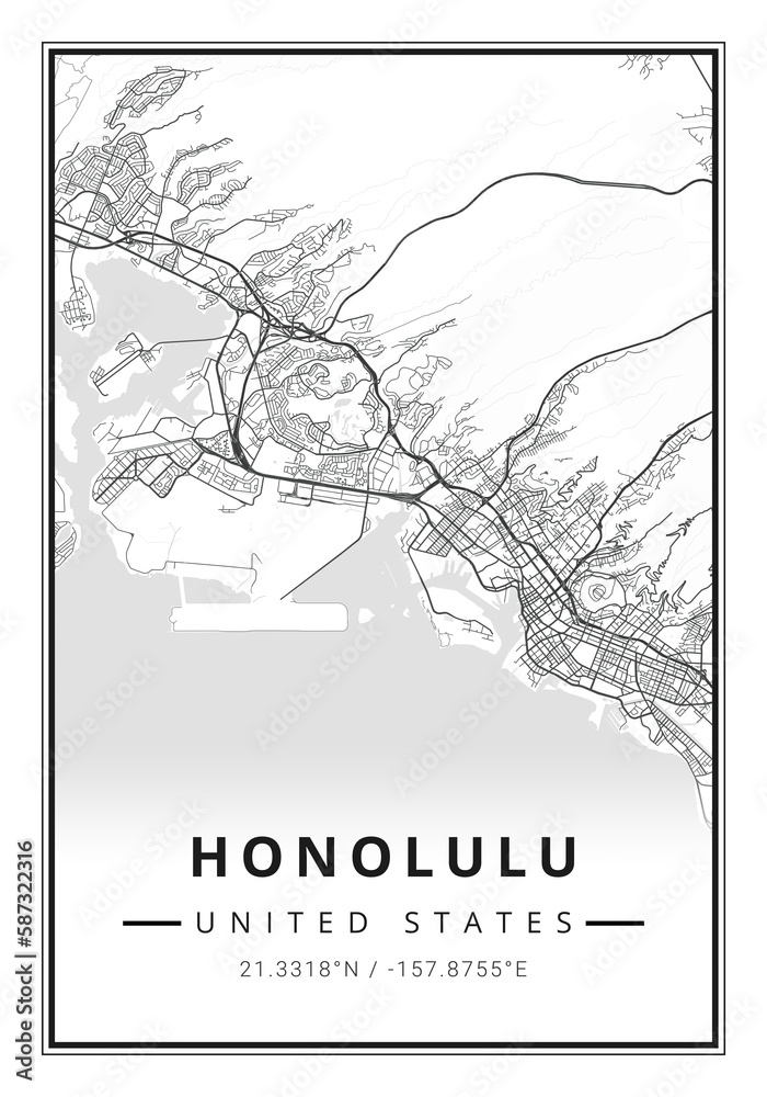 Street map art of Honolulu city in USA - United States of America ...