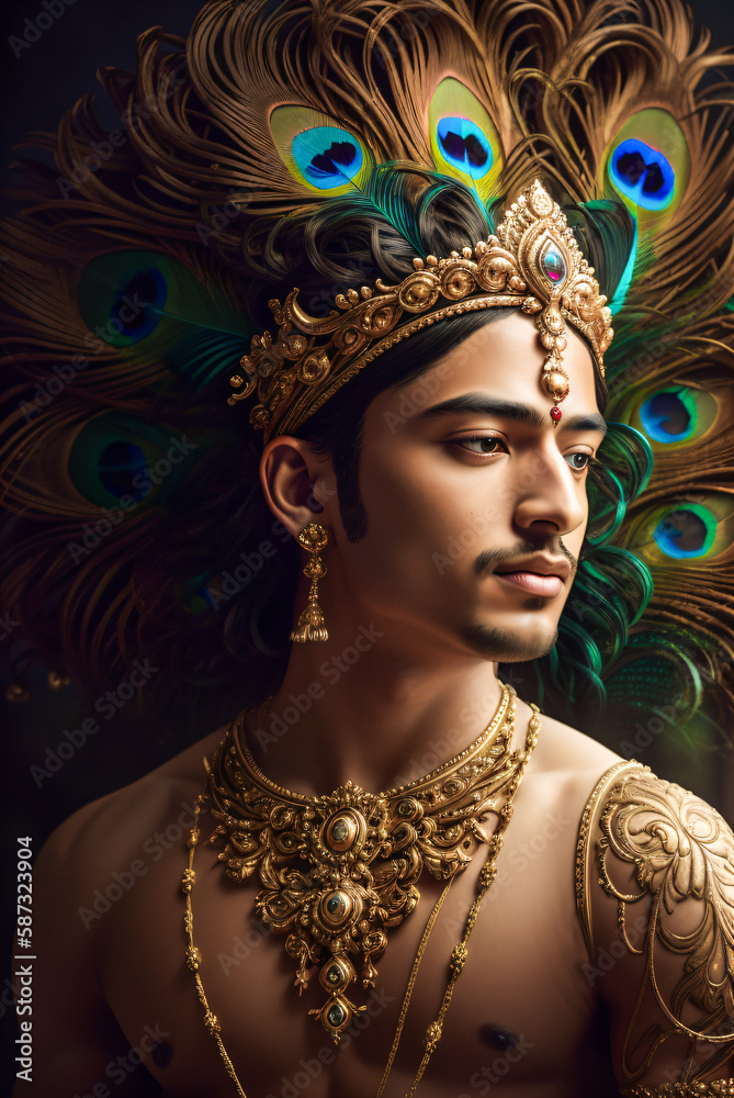 Portrait of Lord Krishna wearing a a crown with peacock feathers ...
