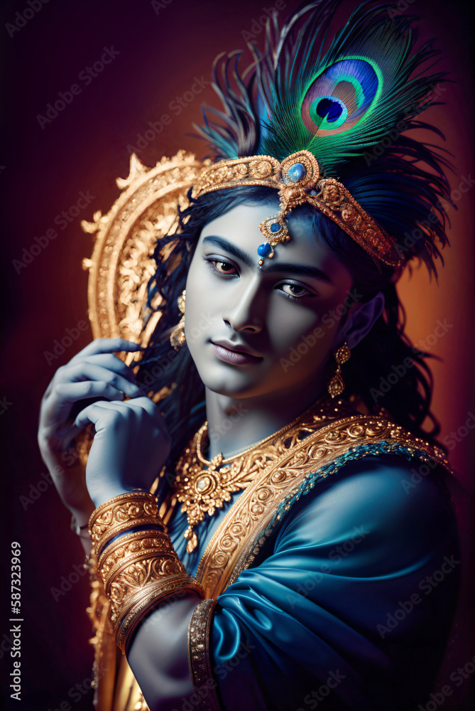 Portrait of Lord Krishna wearing a a crown with peacock feathers ...