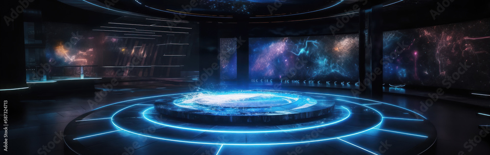 Sci-fi style room. Elemental simulation room. Galaxy navigation room ...