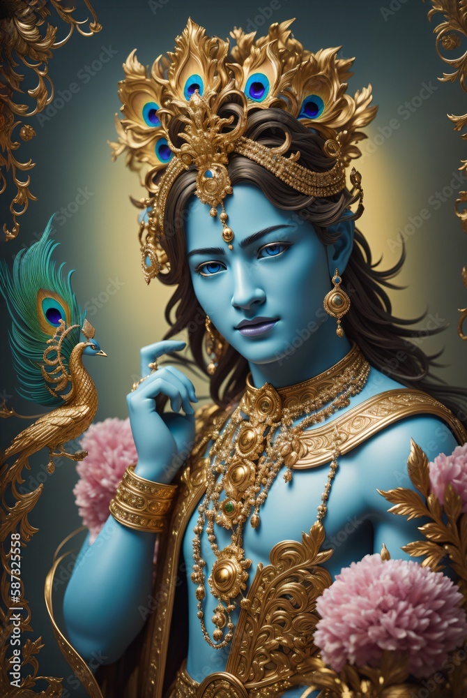 Portrait of Lord Krishna wearing a a crown with peacock feathers ...