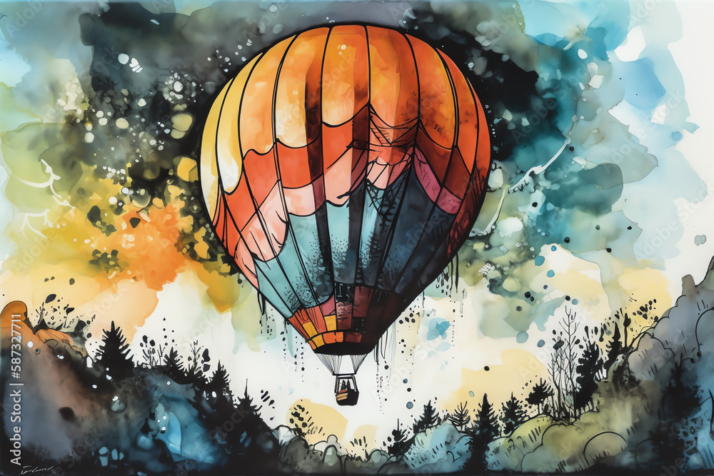 hot air balloon soaring in the sky, ink paint. digital art illustration ...
