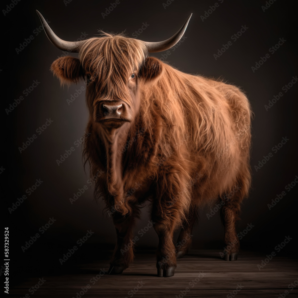 Vaca marron de las tierras altas de Escoccia sobre suelo de madera y ...