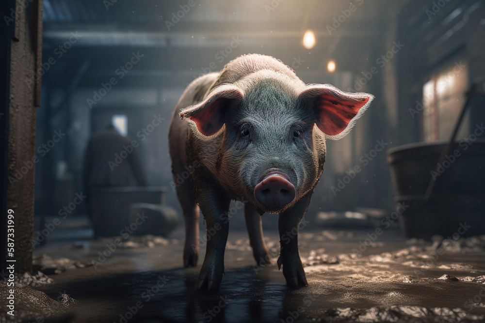 a pig in a pigsty, created by a neural network, Generative AI technology Stock Illustration ...