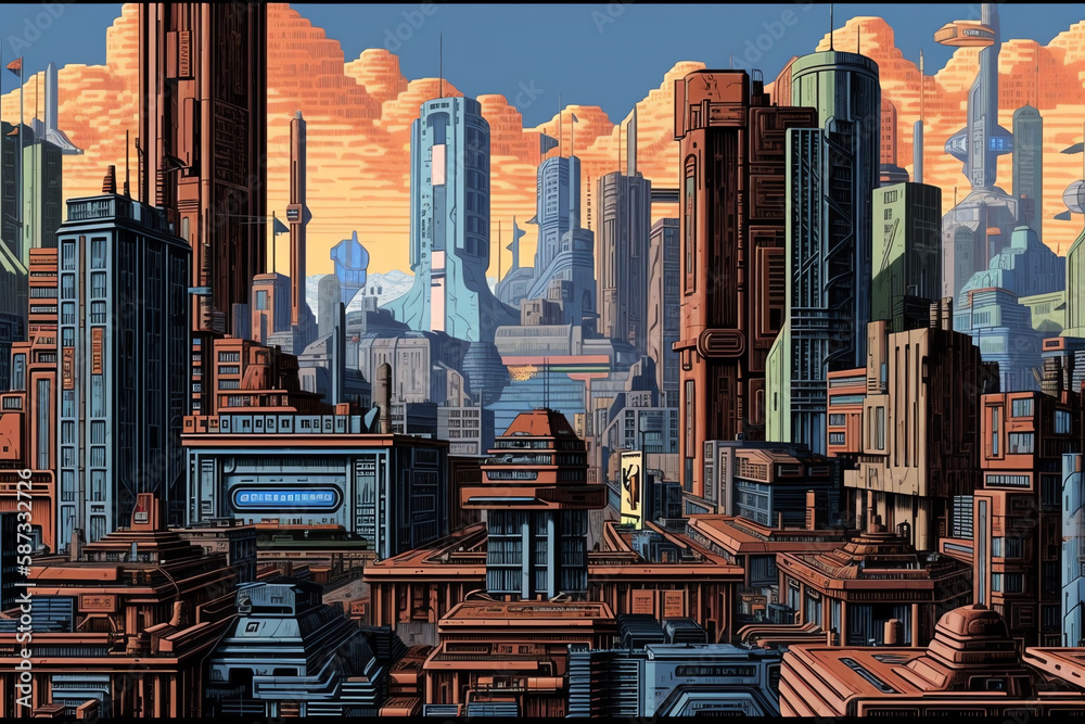 metropolis skyline, 1990s video game. digital art illustration ...