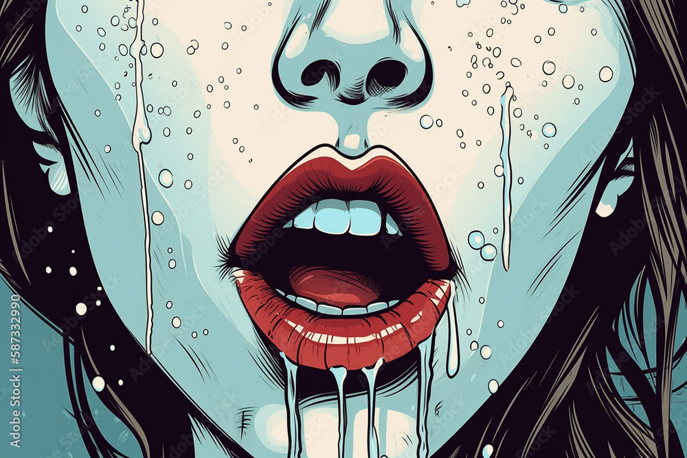 The Girls Open Mouth Liquid On Her Face And Lips The Concept Of Erotic Fantasies And Oral Sex
