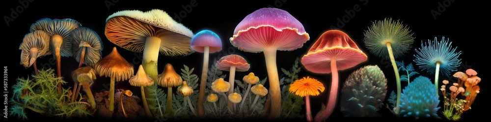 Panoramic banner, various mushroom species, every size and color in a ...