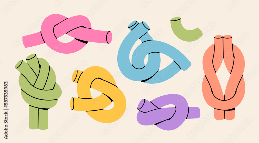 Set of various Knots. Different curved pieces. Twisted, knotted rope ...