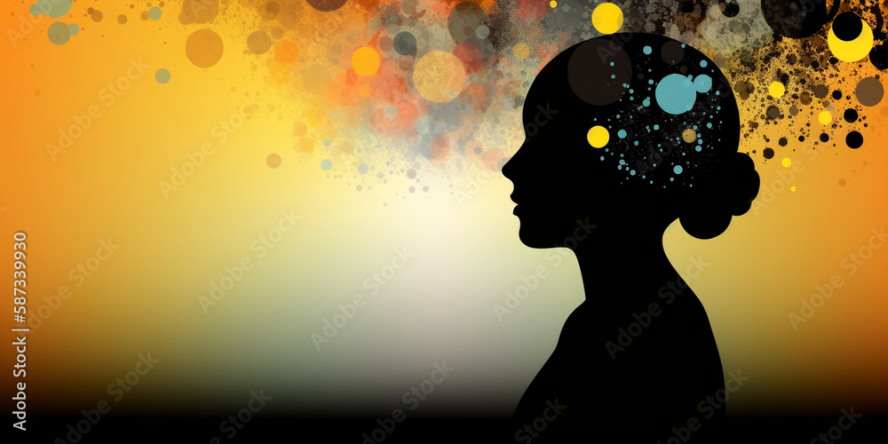 Depressed overthinking woman yellow background with thinkbubbles Stock ...