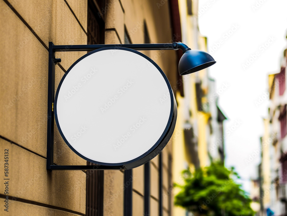 Blank circle round white signboard on the wall outdoor, mock up for ...
