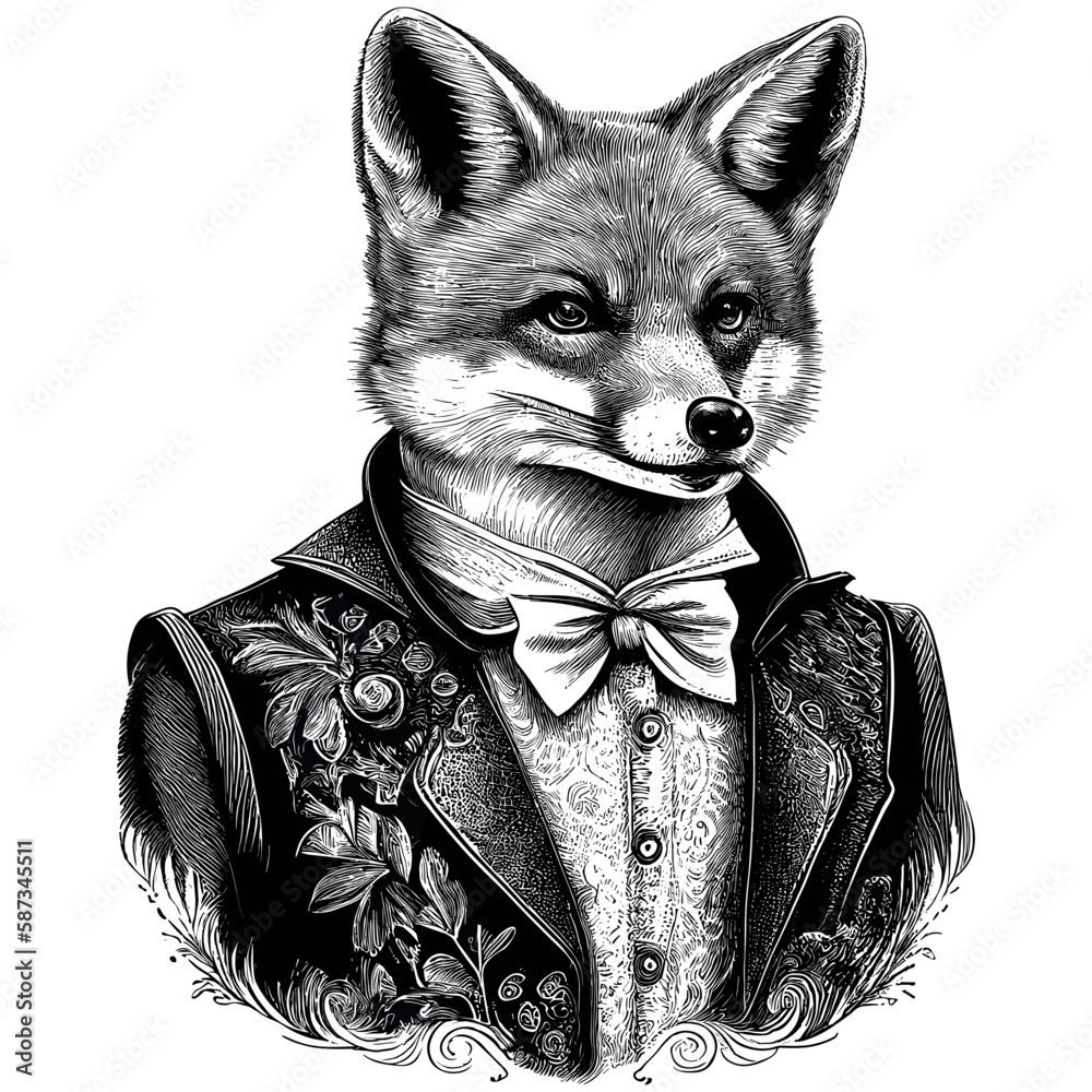 Hand Drawn Engraving Pen and Ink Fox Portrait Dressed in Victorian Era ...