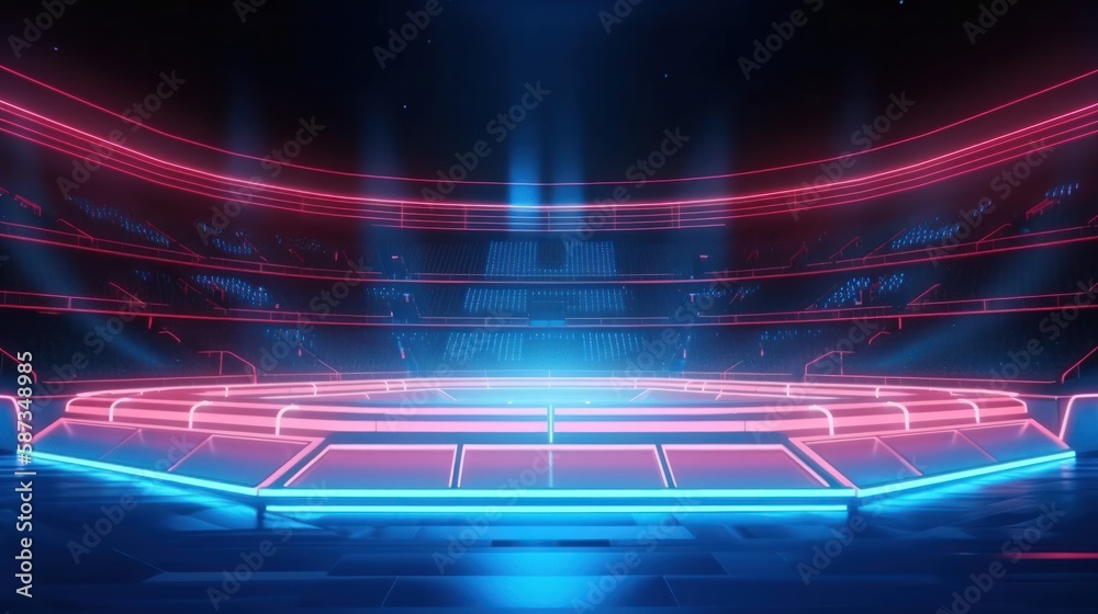 Empty red and blue neon light stadium background for E-sport game ...