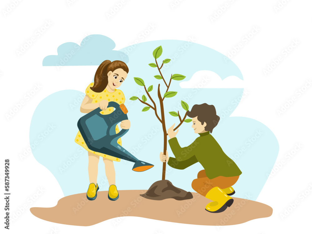 kids planting tree vector illustration isolated. Boy holding tree and ...