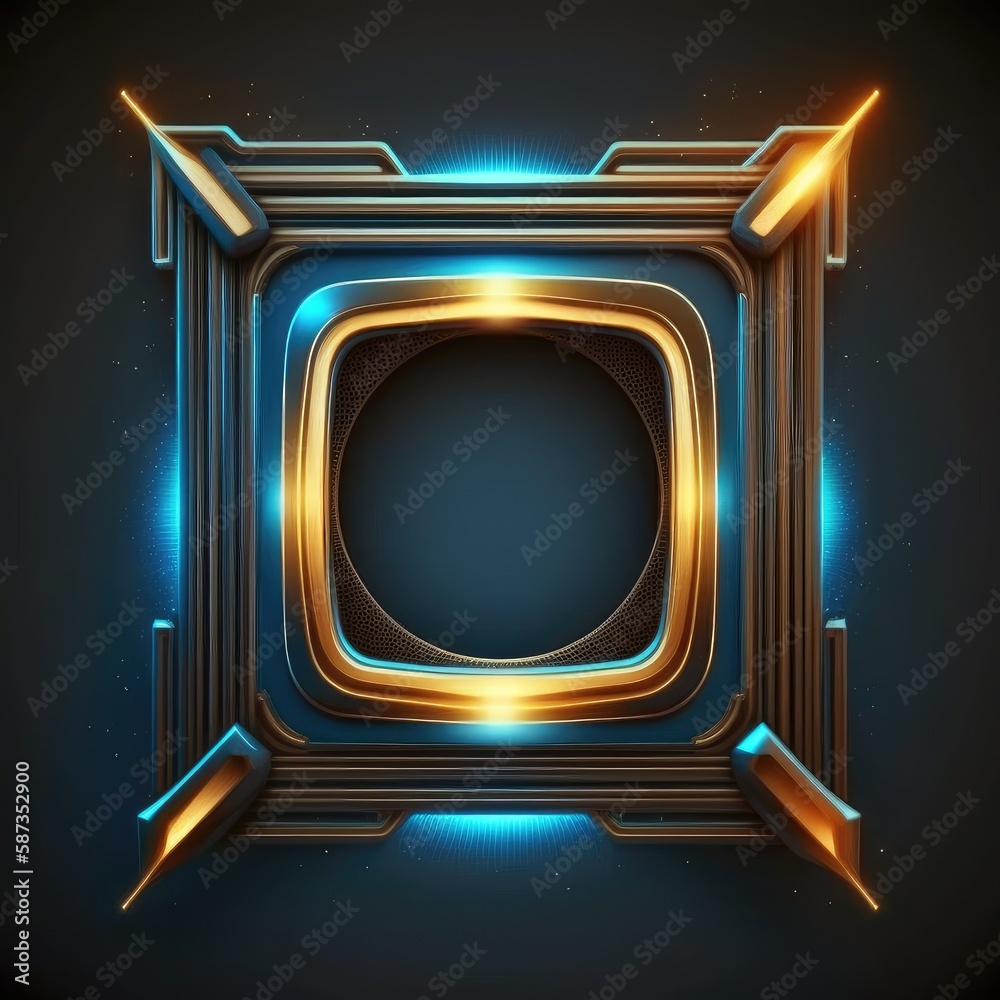 Abstract art of multi layer glowing golden and blue square frame with ...