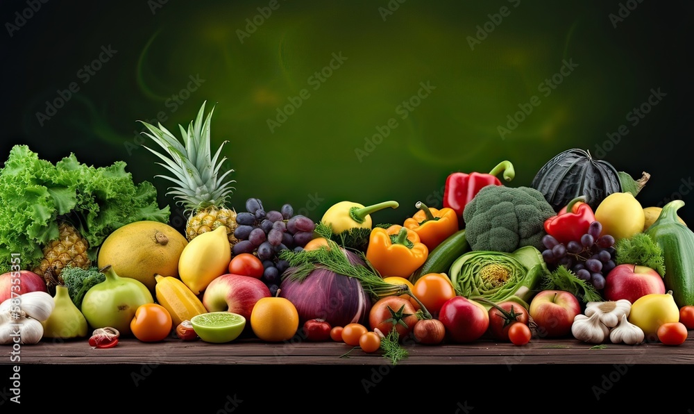fruits, vegetables, and berries for your layout on green blurred ...