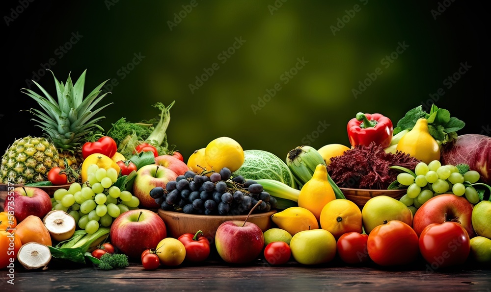 fruits, vegetables, and berries for your layout on green blurred ...