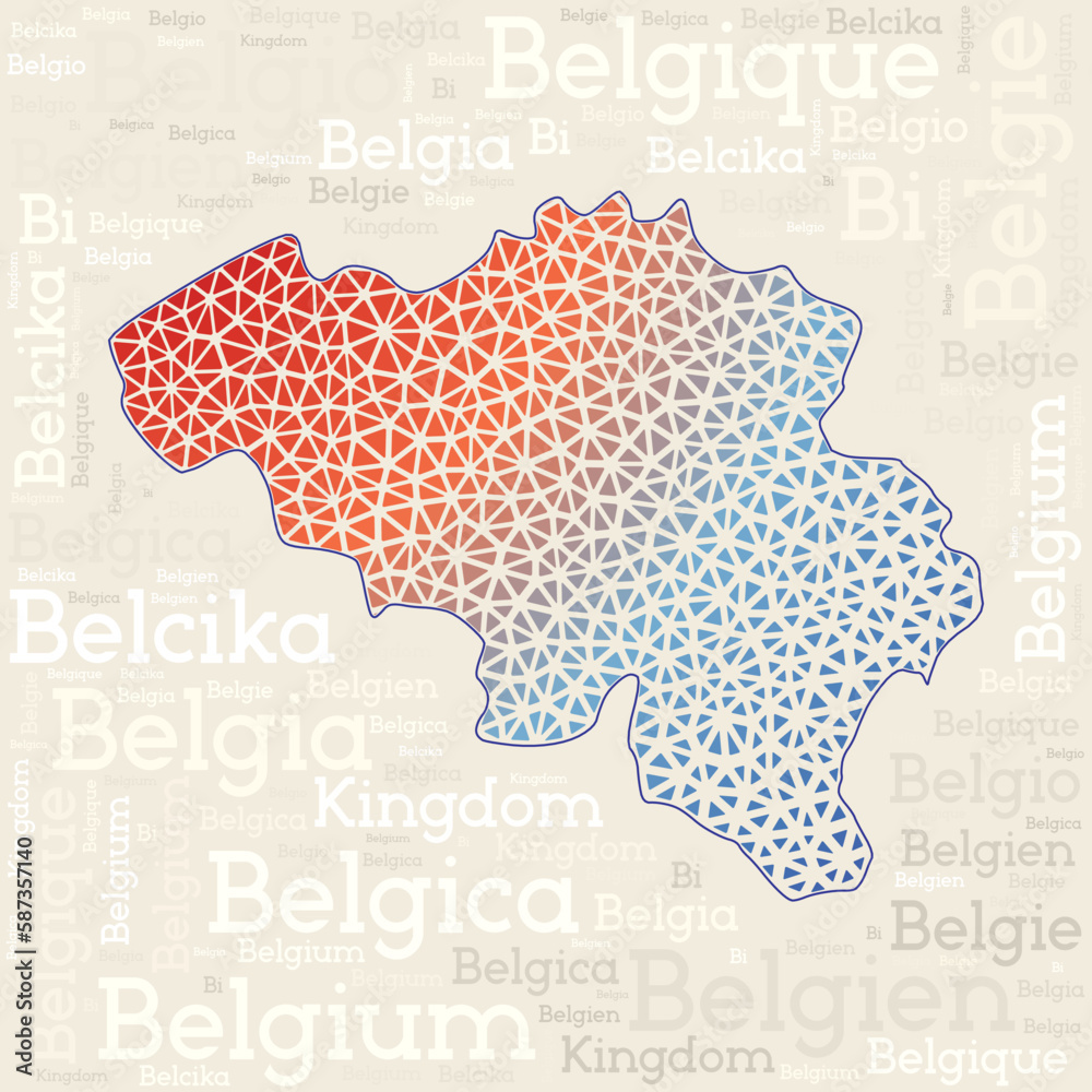 BELGIUM map design. Country names in different languages and map shape ...