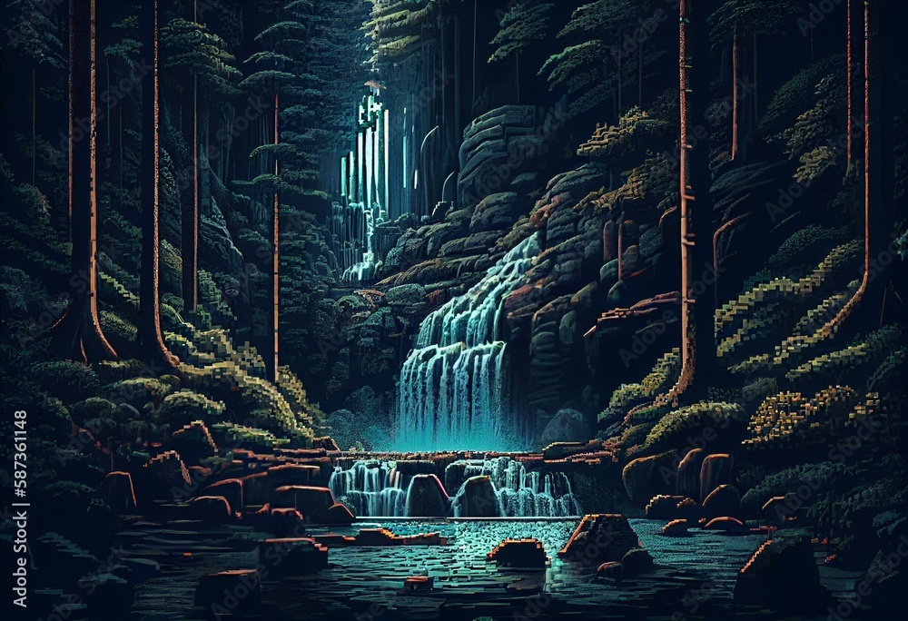 8 Bit Pixel Art forest waterfall. Generative AI Stock Illustration ...