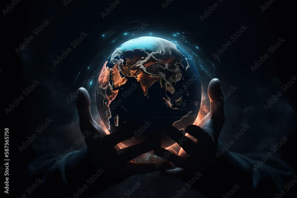 Large Planet Earth Globe in human hands against dark background ...