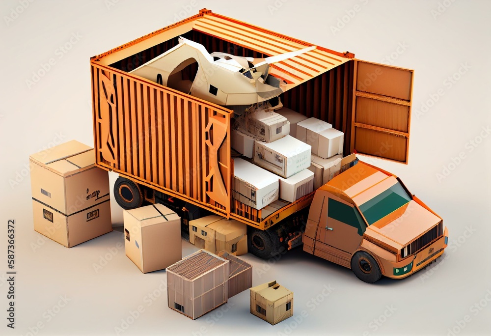 3D rendering of the crate box surrounded by cardboard boxes, a cargo ...