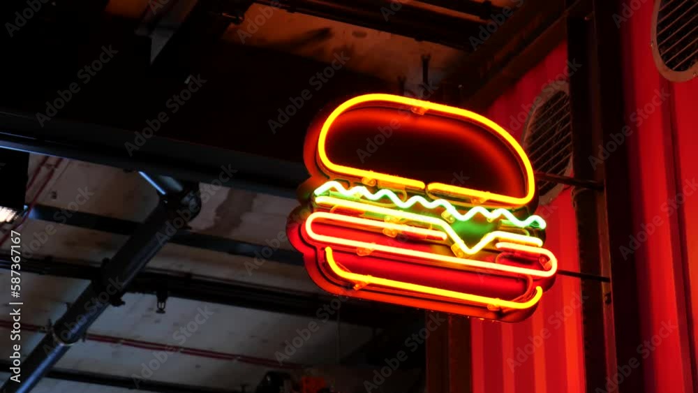 Bright generic burger place, fast food restaurant neon sign, signage ...