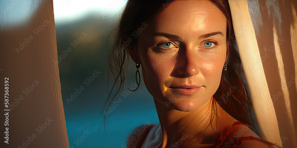 Woman standing near window, sun rays falling on cheeks - Generative AI ...