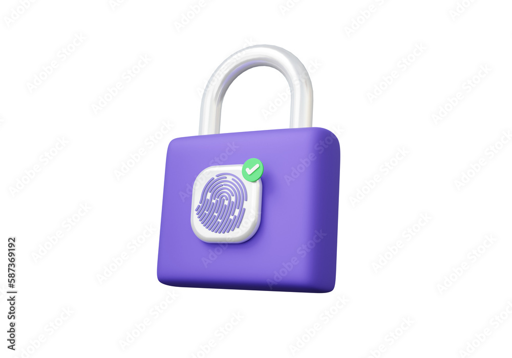 Fingerprint padlock with check mark approved floating on isolated ...