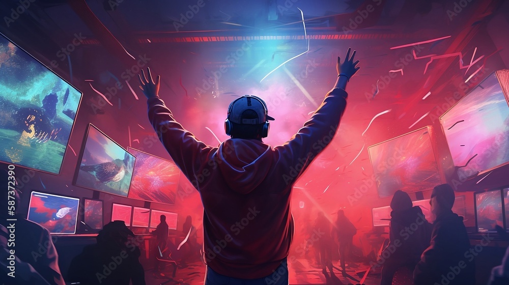 An accomplished male eSports gamer exults in her hard-earned victory ...